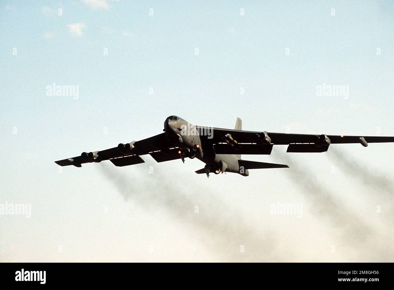 A U.S. Air Force B-52G Stratofortress aircraft takes off on a mission ...