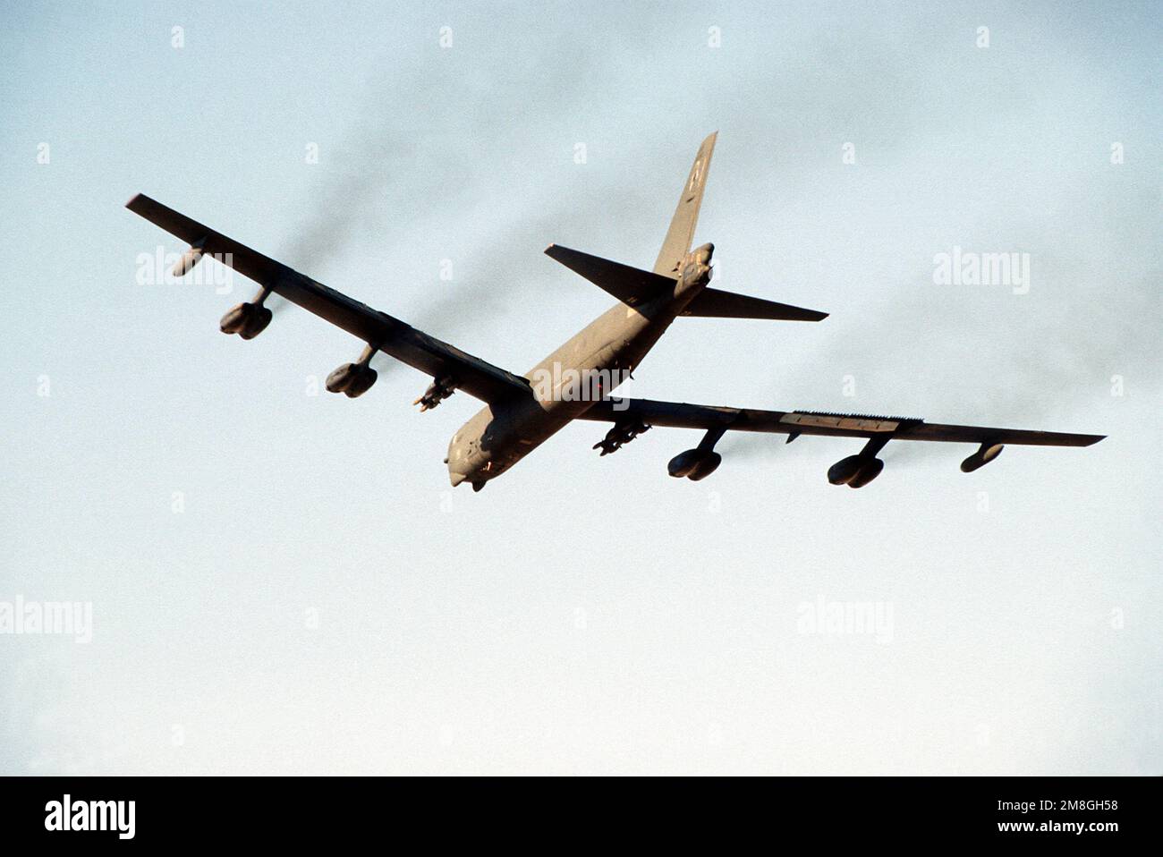 A U.S. Air Force B-52G Stratofortress aircraft takes off on a mission ...