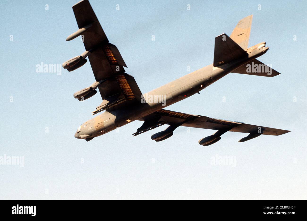 A U.S. Air Force B-52G Stratofortress aircraft takes off on a mission ...