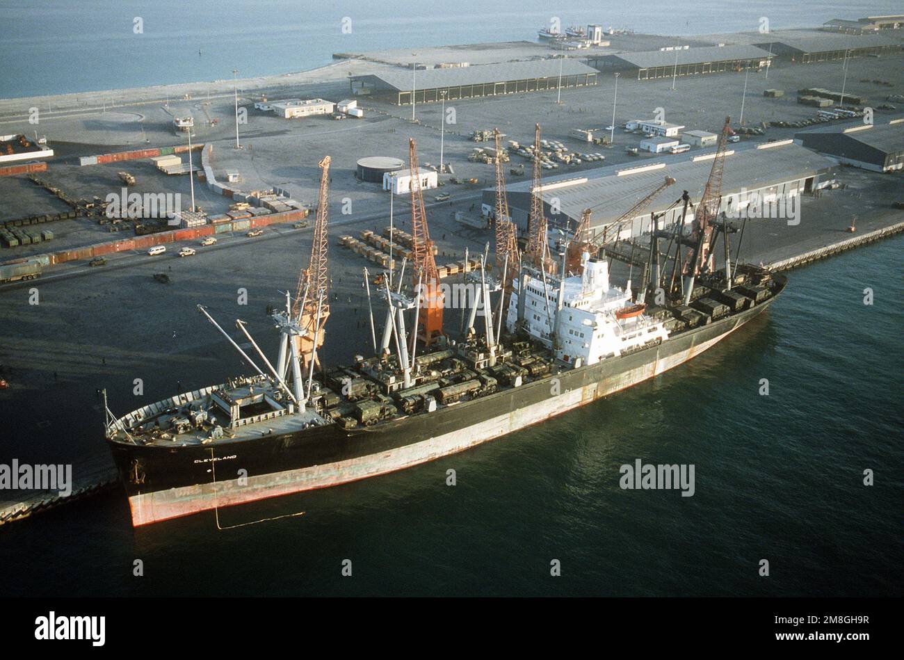 A port view of the vehicle cargo ship CLEVELAND loaded with equipment ...