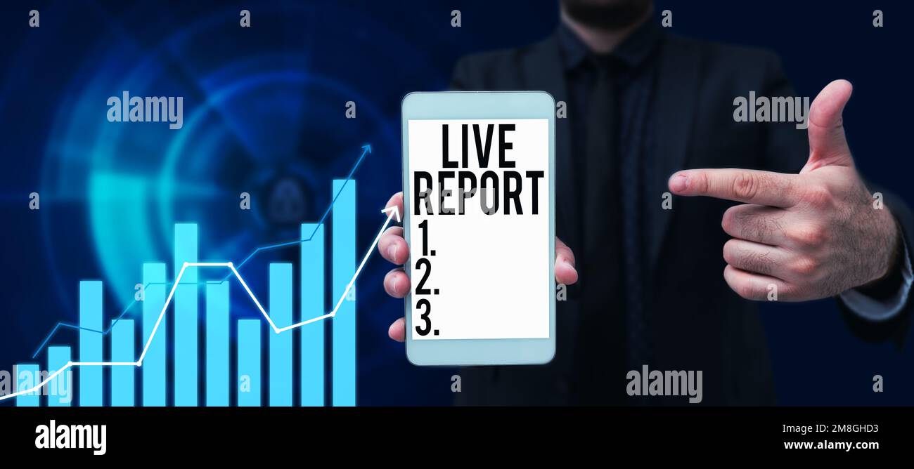Text caption presenting Live Report. Conceptual photo continuous stream ...