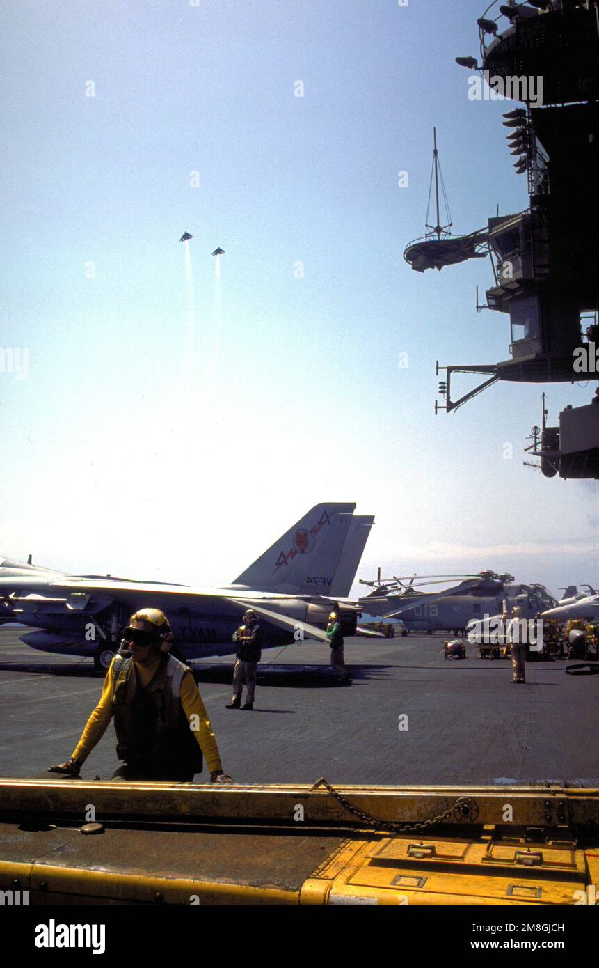 A Fighter Squadron 74 (VF-74) F-14B Tomcat aircraft is parked on the ...