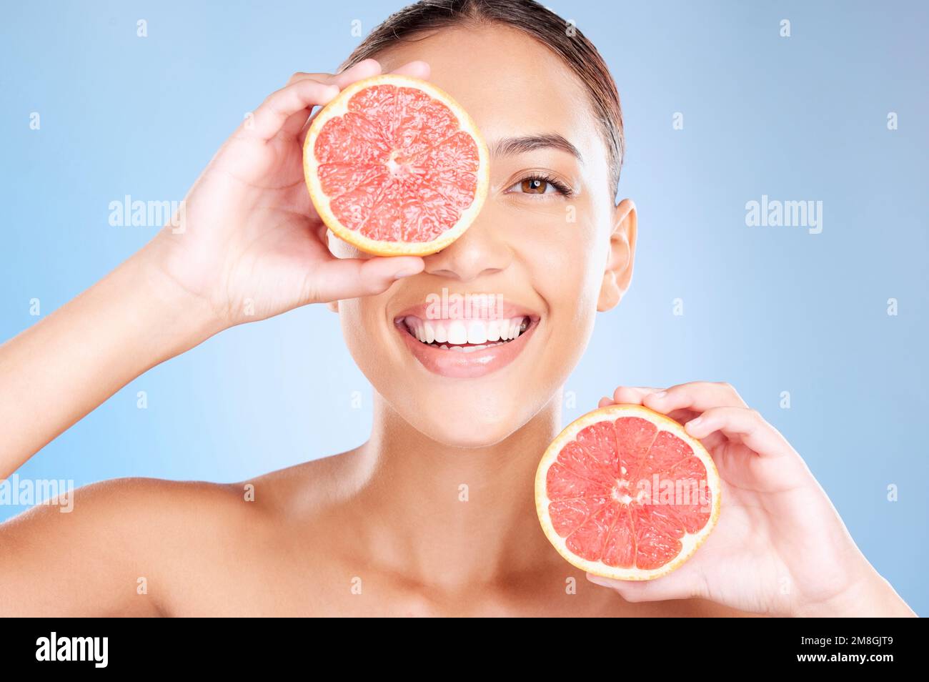 Grapefruit, skincare and wellness of a woman with fruit, cosmetics ...