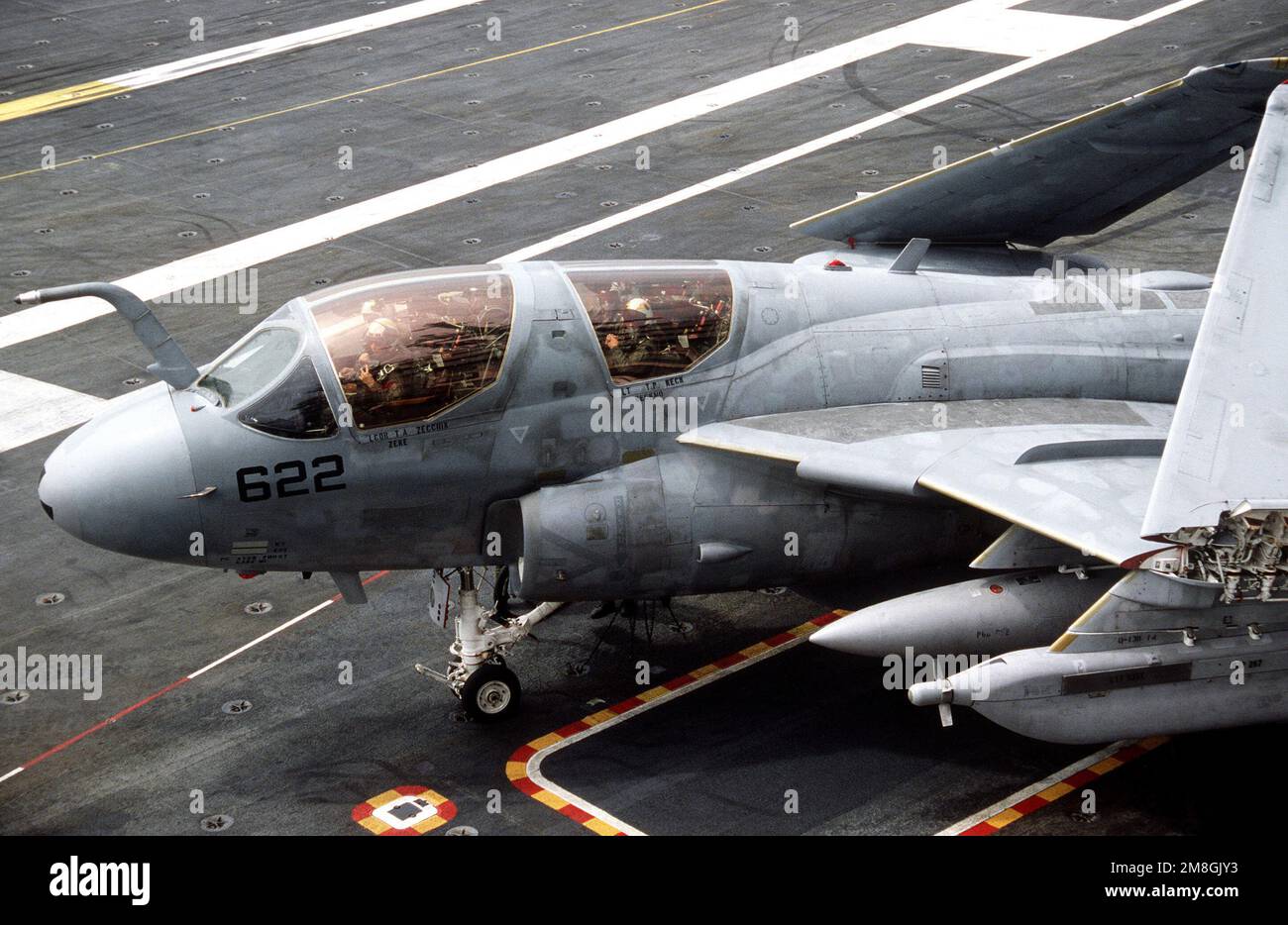 The flight crew of a Tactical Electronic Warfare Squadron 138 (VAQ-138) EA-6B Prowler aircraft ...