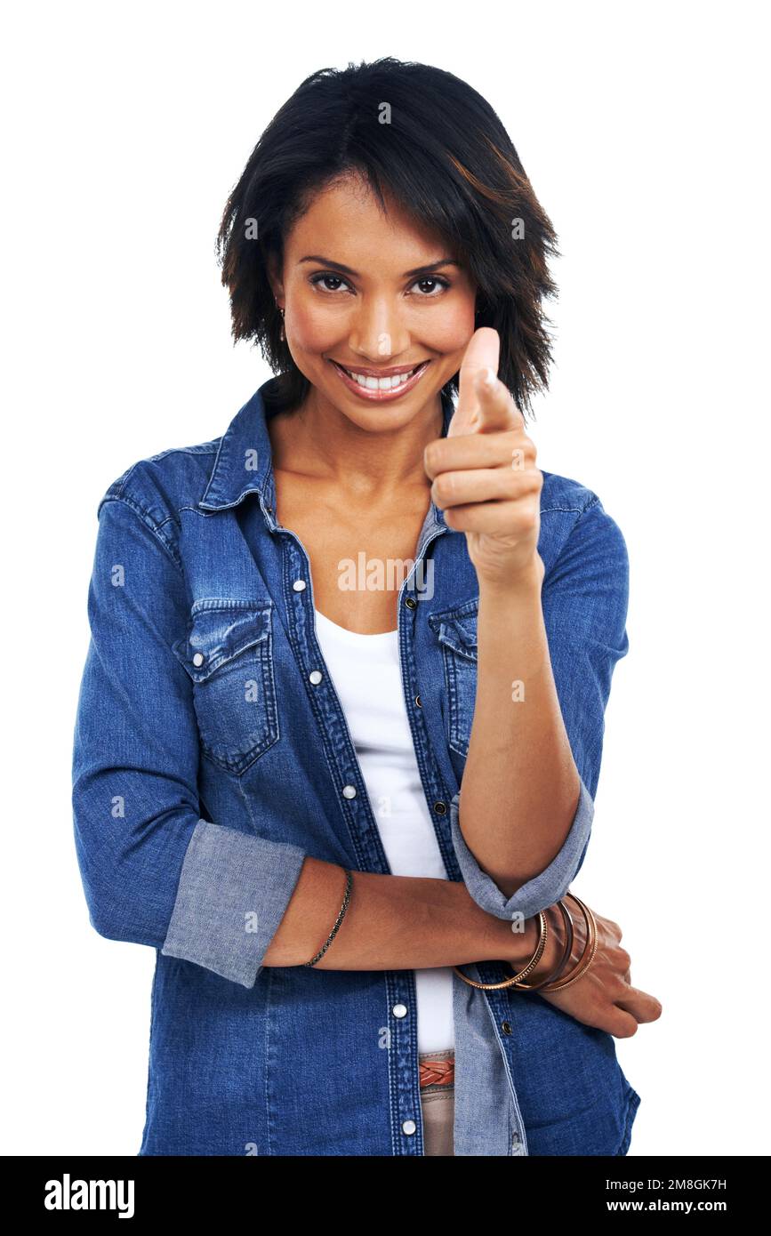 Happy, smile and portrait of black woman pointing a finger for ...
