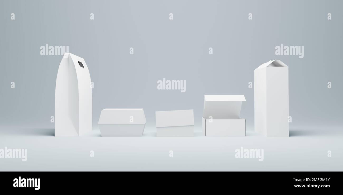 Paper food packaging options, 3d rendering mockup on gray background ...