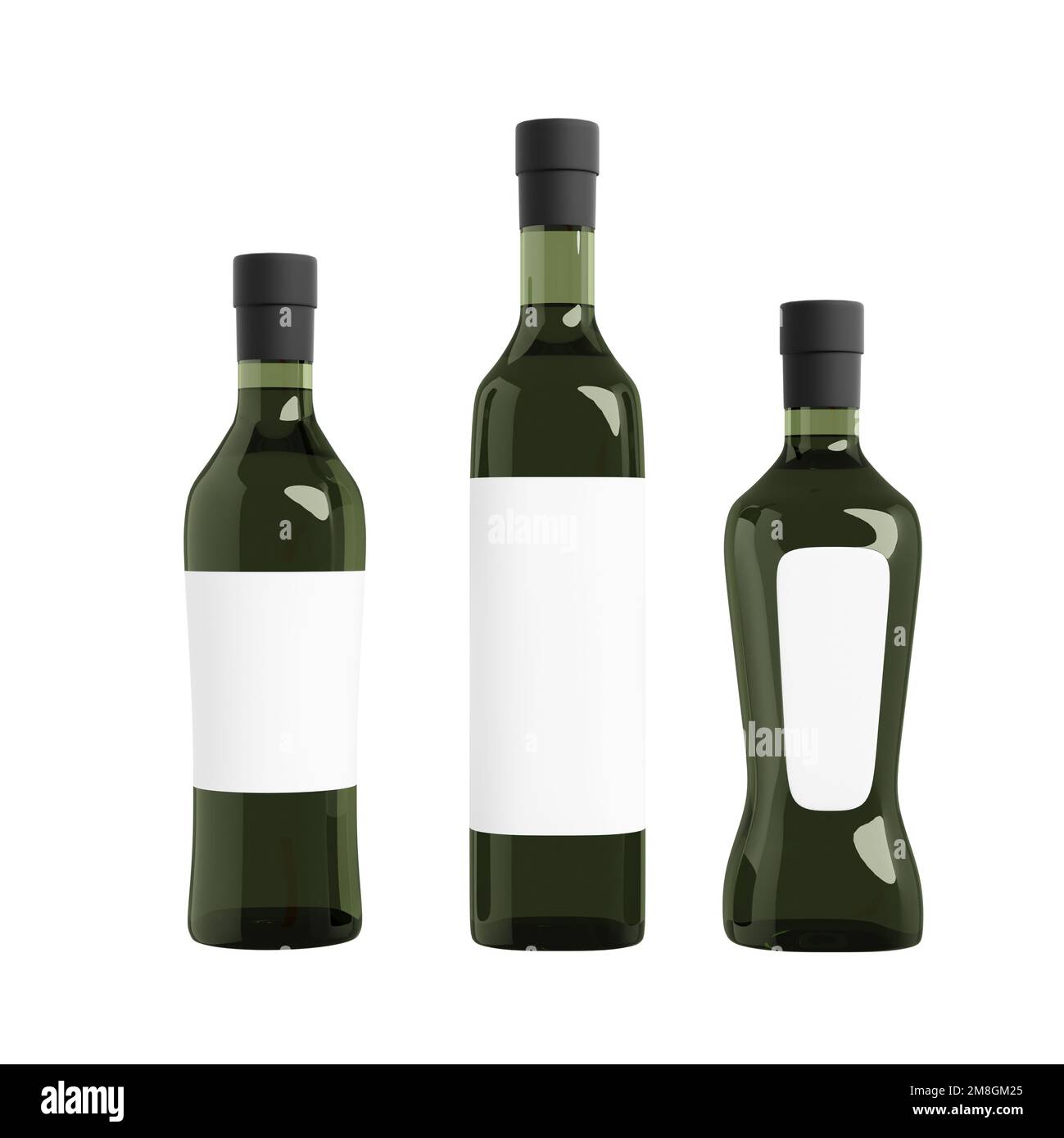 Green glass bottles with empty white lables in various shapes, 3d ...