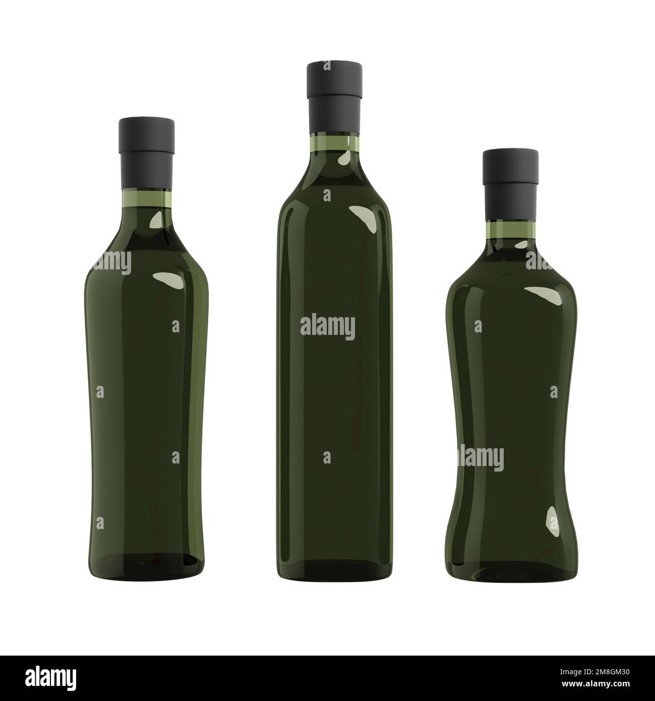 Green glass bottles in various shapes, 3d rendering. Cooking vegetable ...