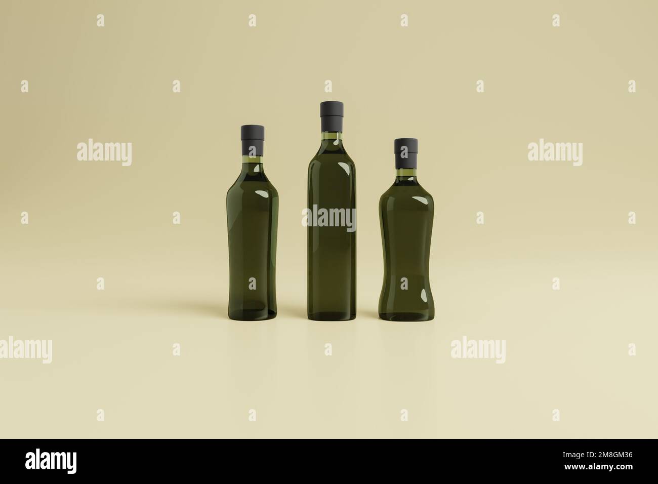 Green glass bottles in various shapes, 3d rendering. Cooking vegetable ...