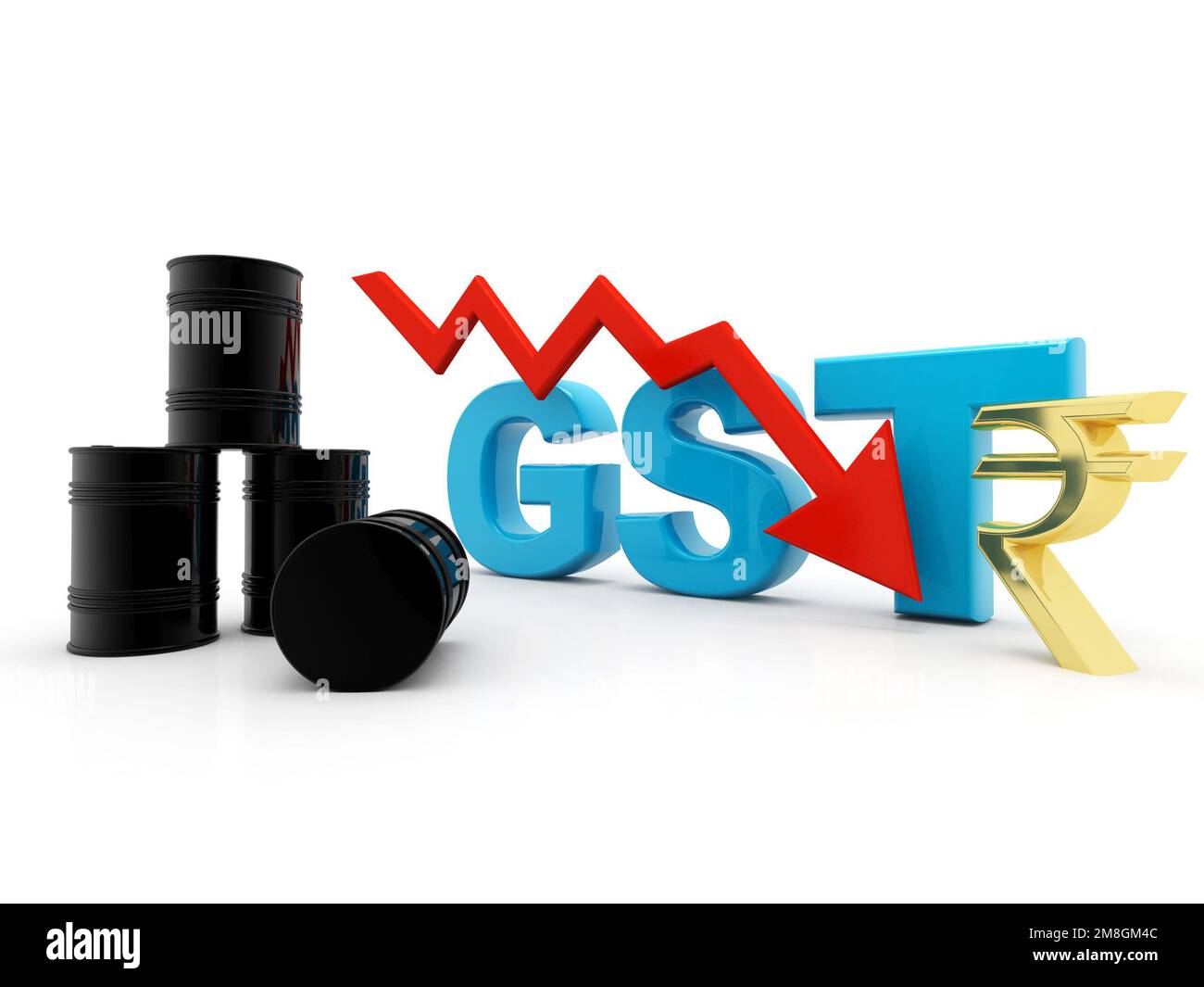 3d Illustration GST Tax India Concept with Oil Barrel and falling oil ...