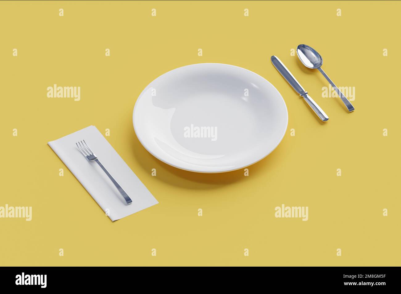 Simple dinner table setting of generic kitchen utensils, 3d rendering ...