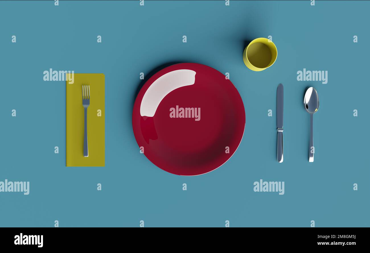 Simple dinner table setting of generic kitchen utensils in vibrant ...