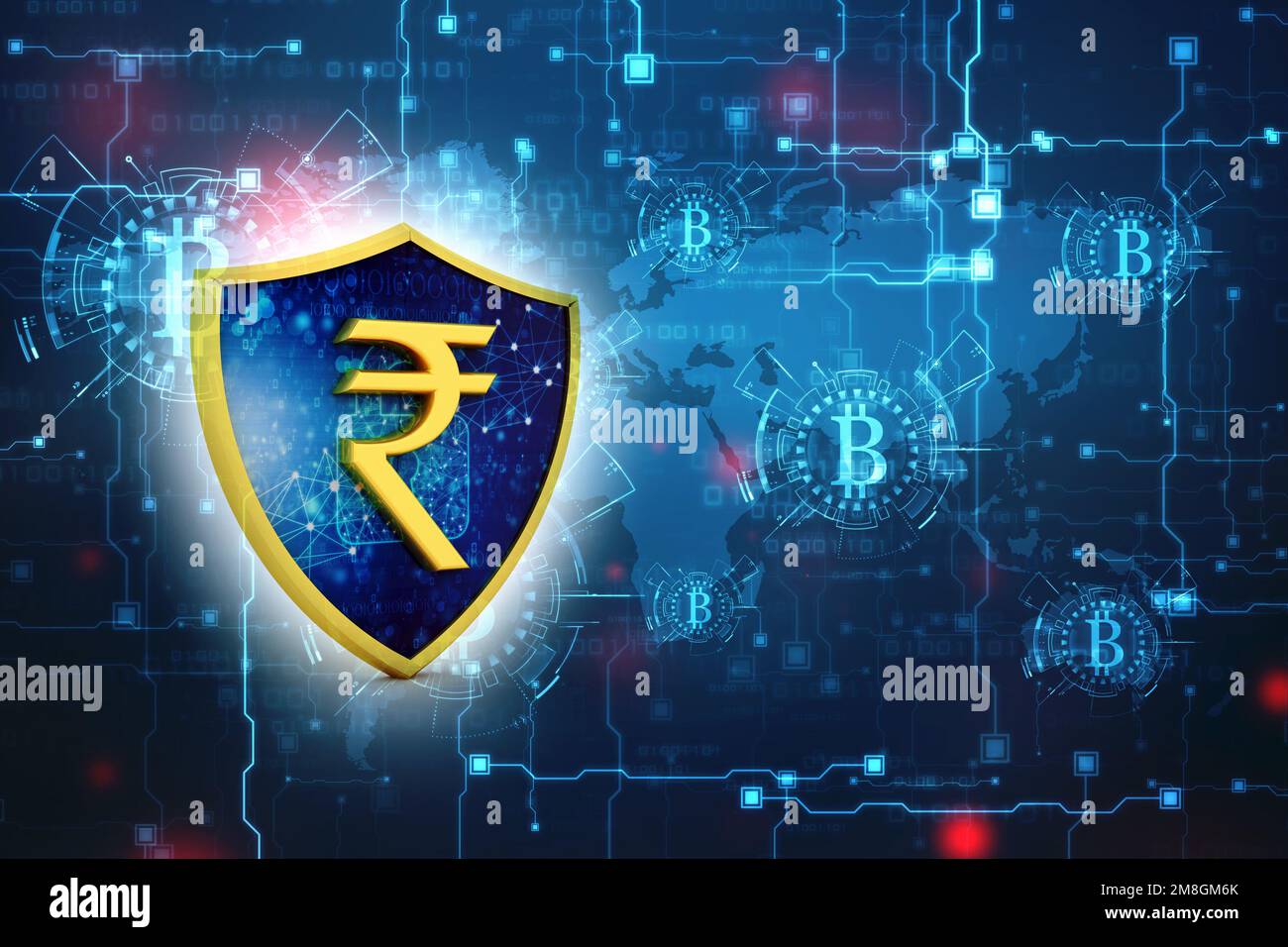 Indian Rupee symbol on Golden shield isolated on digital background. 3d ...
