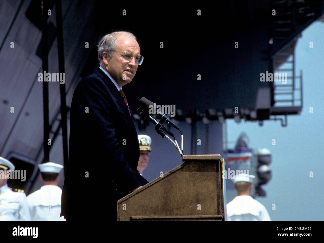 Secretary of Defense Richard Cheney speaks during the commissioning ...