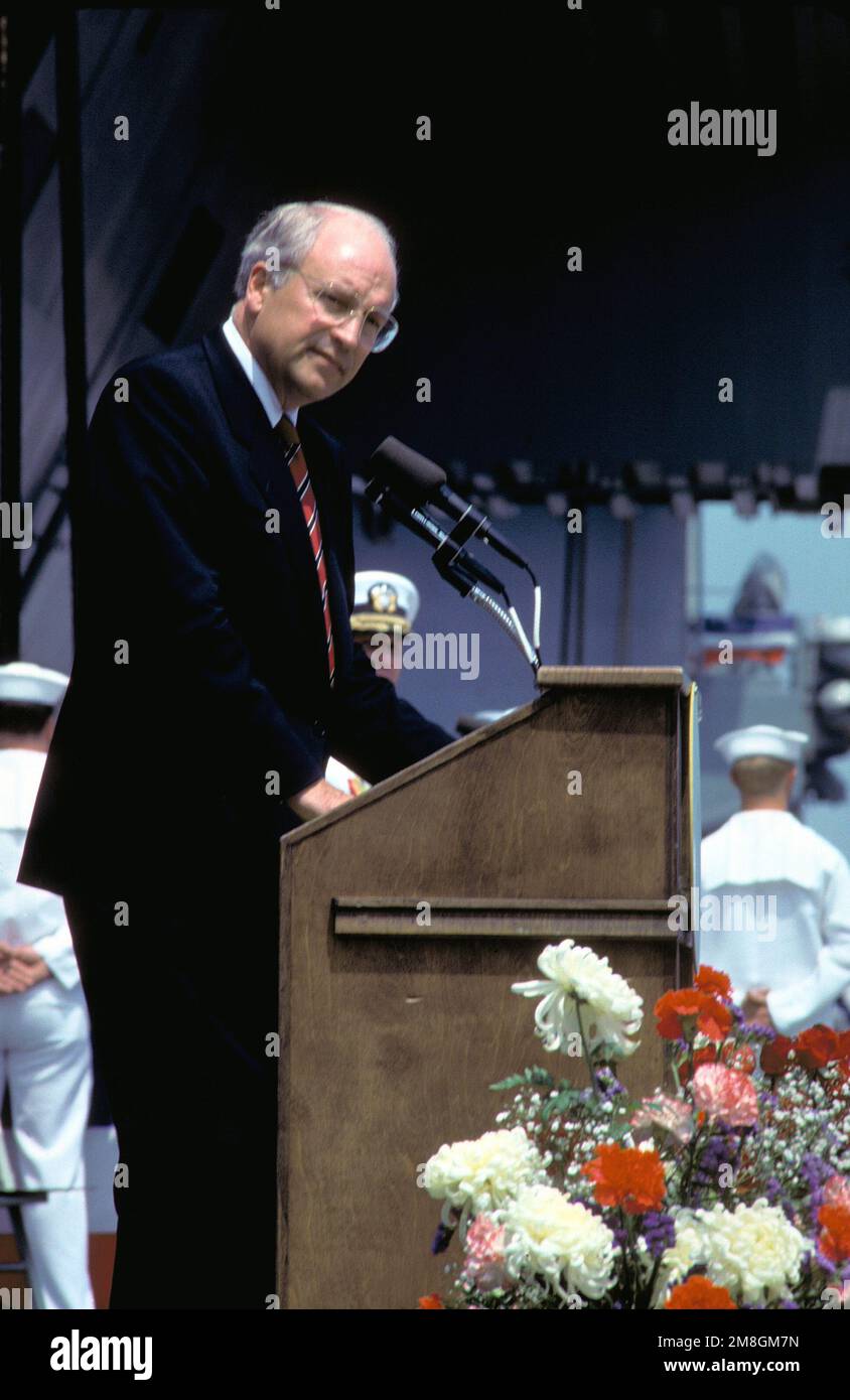Secretary of Defense Richard Cheney speaks during the commissioning ...