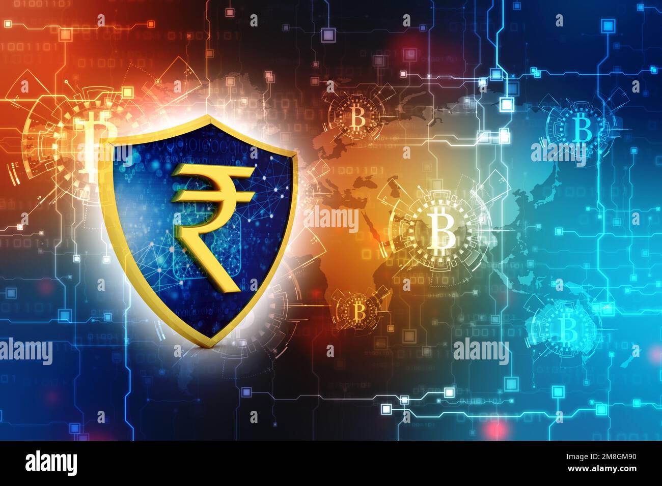 Indian Rupee symbol on Golden shield isolated on digital background. 3d ...