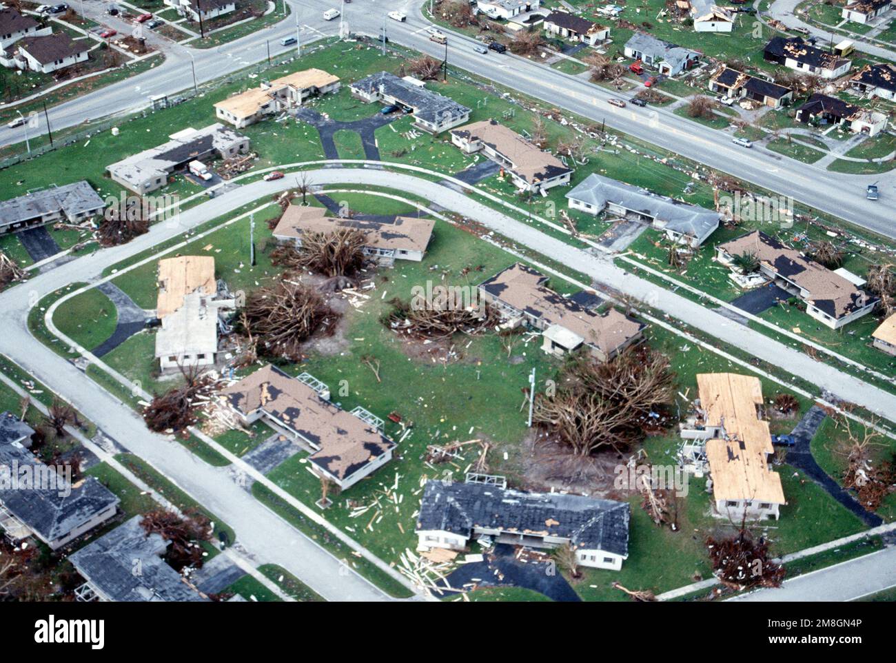 An aerial view of devastation caused by Hurricane Andrew, which struck ...