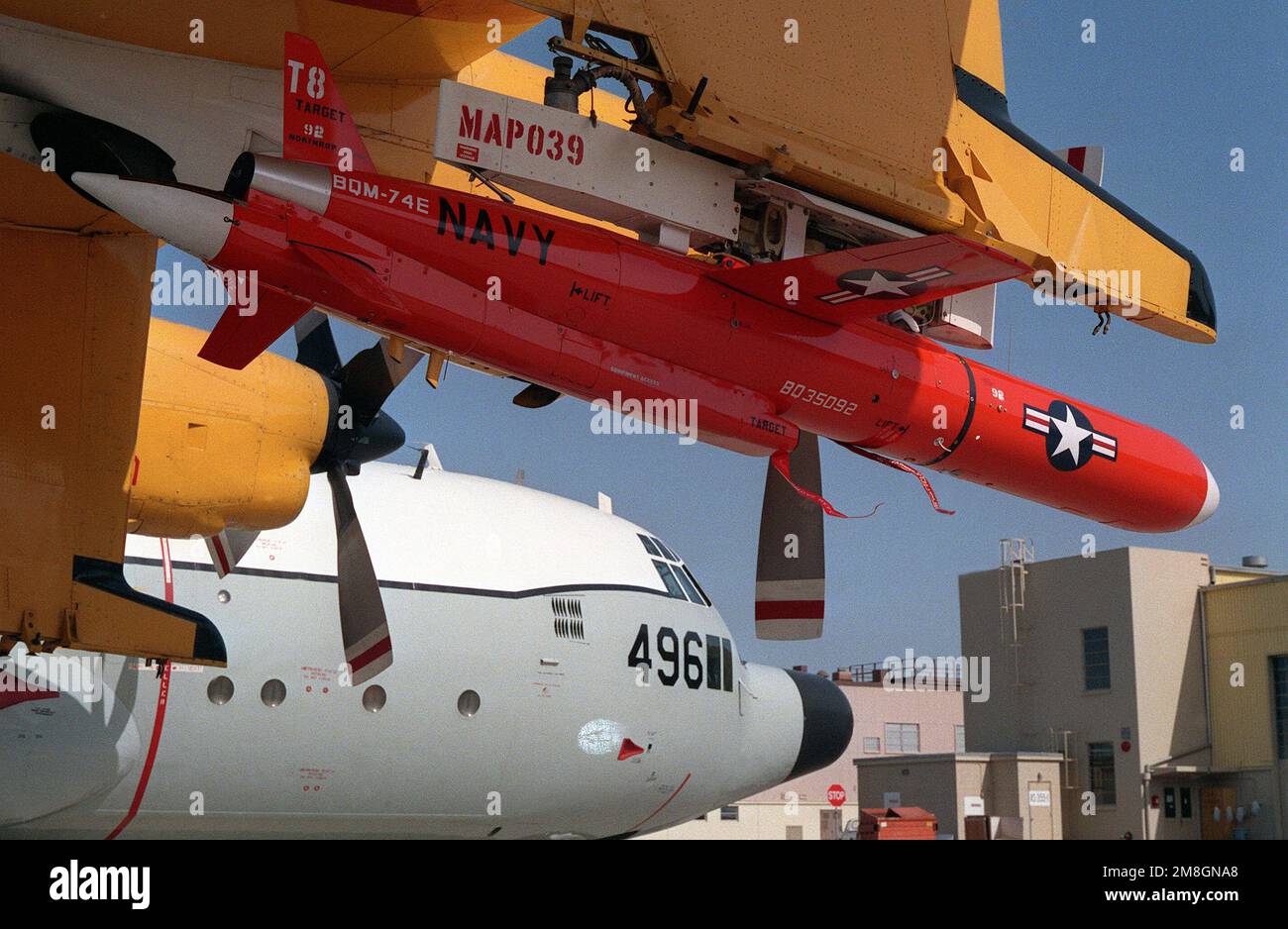 A right side view of a BQM-748 target drone mounted on a DC-130A ...