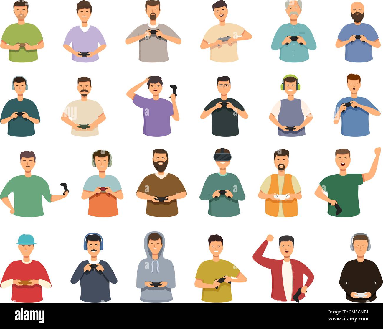 Men playing video games icons set cartoon vector. Virtual gamer. People ...