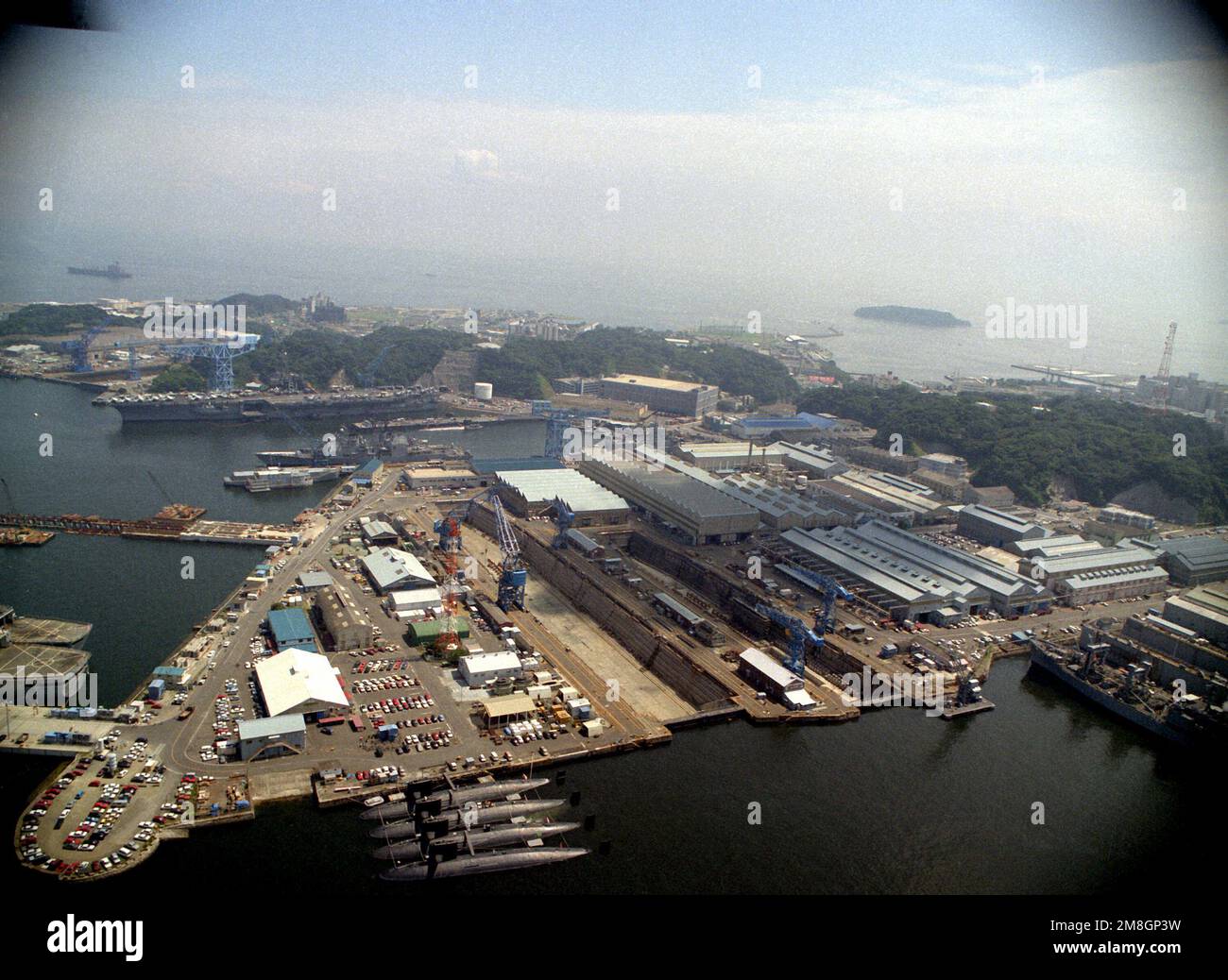 An aerial view of the station, with submarines of the Japanese Maritime ...