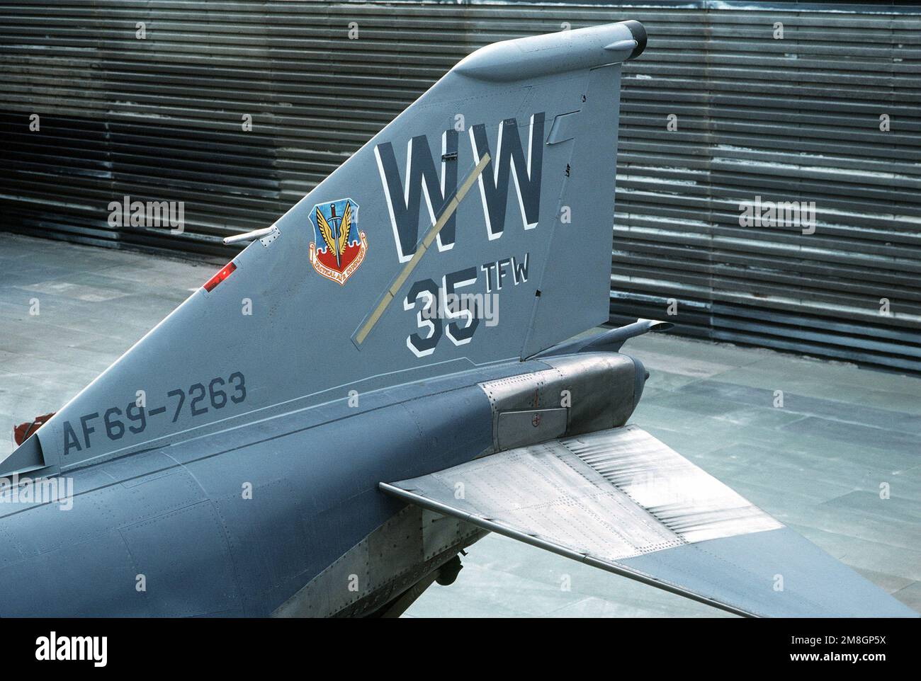 A close-up view of the tail of a 35th Tactical Fighter Wing F-4G Wild ...