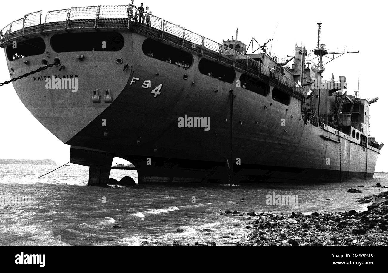 A close-up starboard quarter view of the combat stores ship USS WHITE ...