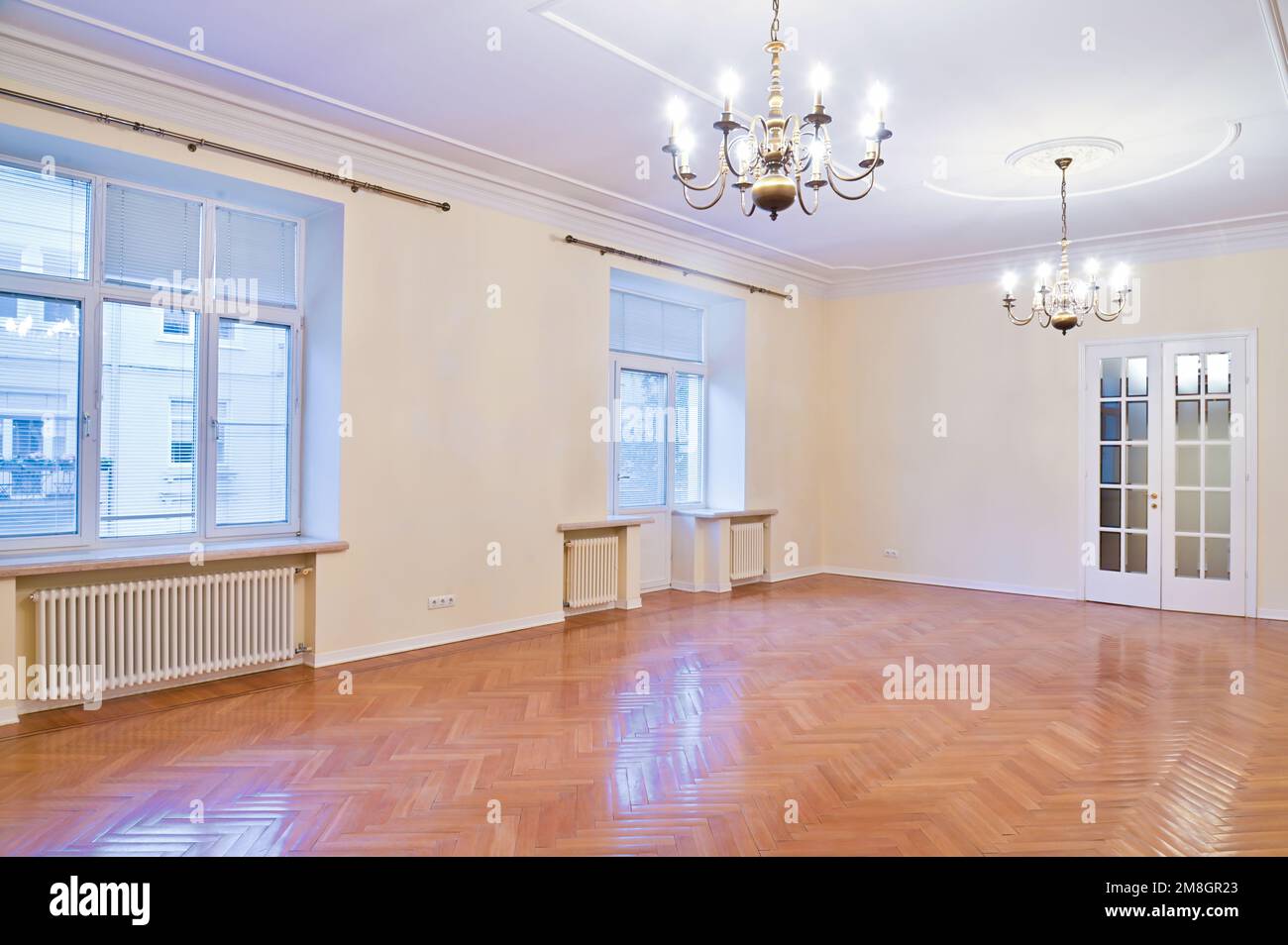 A huge empty room without furniture with laminate flooring high ...