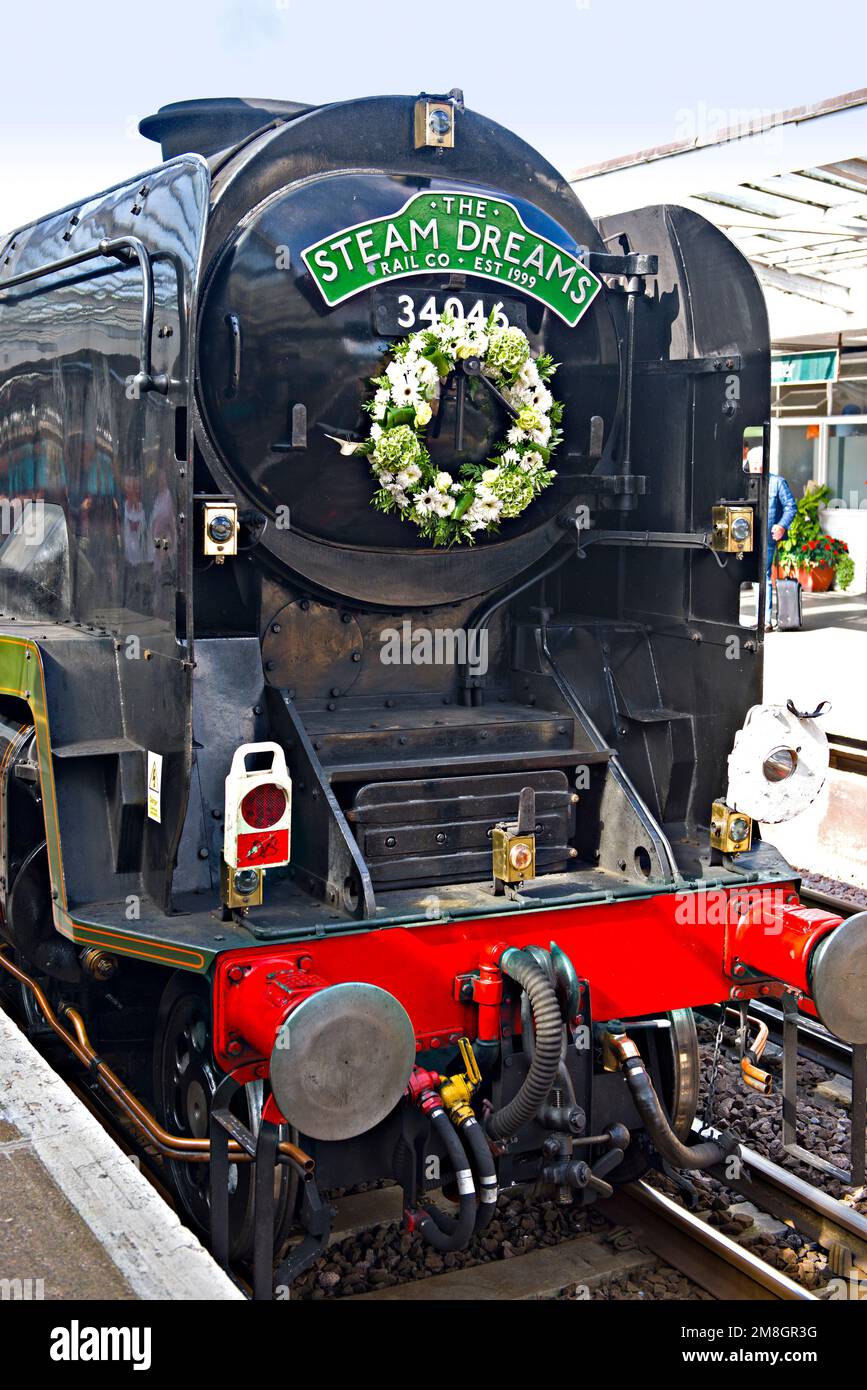 Steam locomotive 34046 'Braunton' at Chichester railway station .The ...