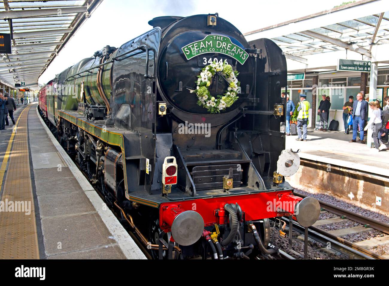 Steam locomotive 34046 'Braunton' at Chichester railway station .The ...