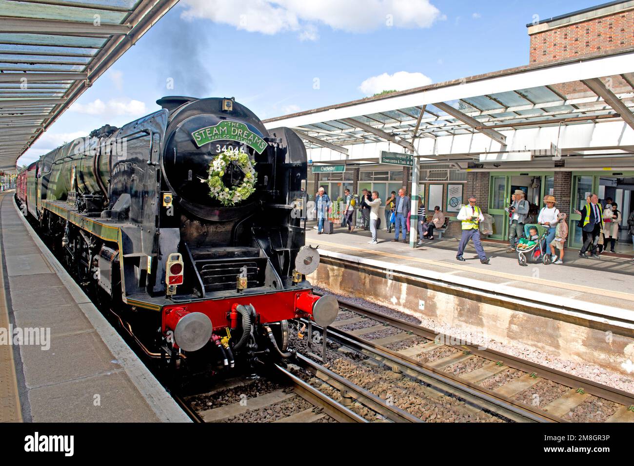 Steam locomotive 34046 'Braunton' at Chichester railway station .The ...