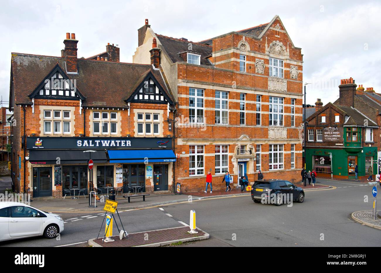 The south end of Tonbridge High Str3eet, Kent, with the public library ...