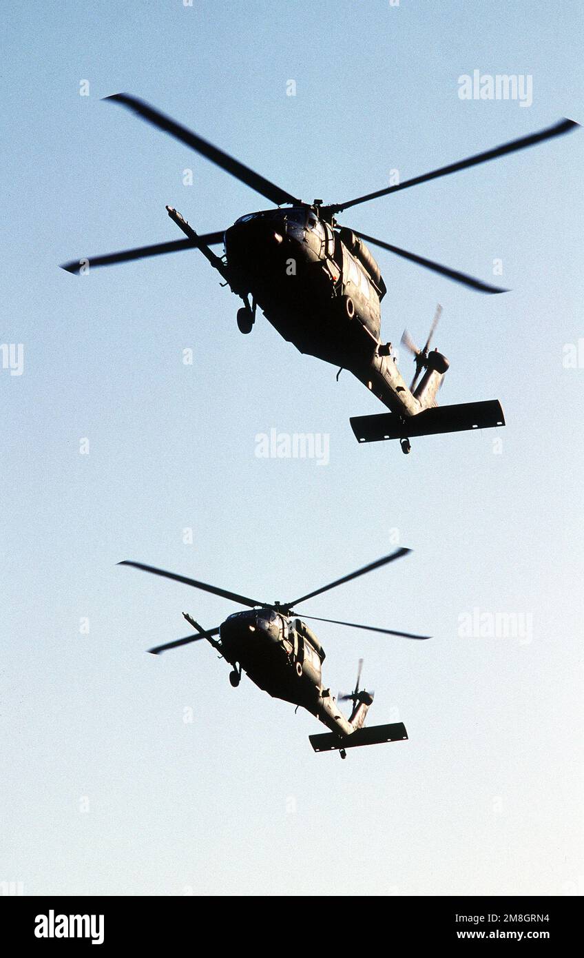 An underside view of two 38th Rescue Squadron HH-60G Pave Hawk helicopters in formation. Base ...