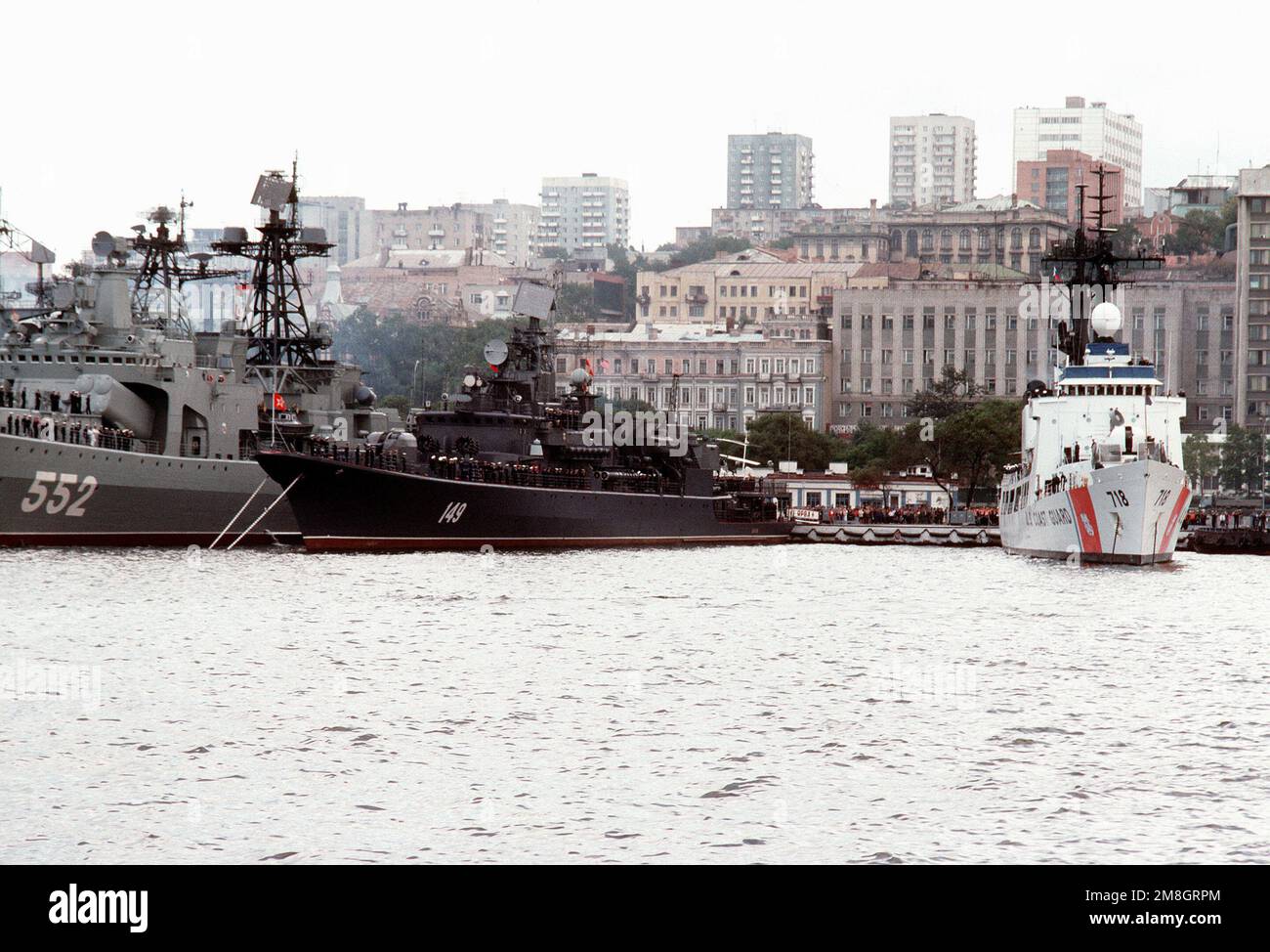 Crew members man the rails aboard the Russian Maritime Border Guard ...