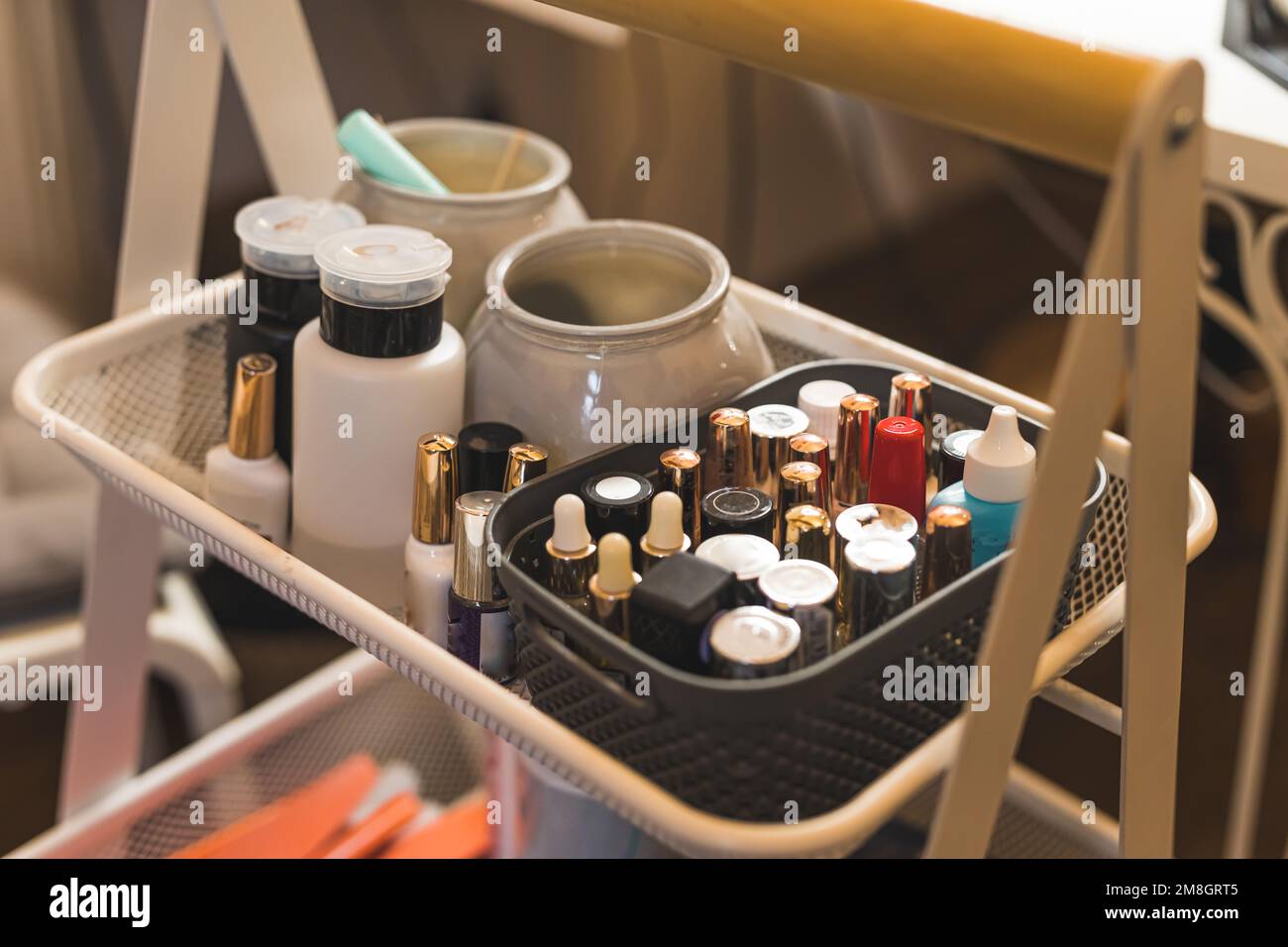 closeup view of the nail-care product and nail polishes at the salon ...