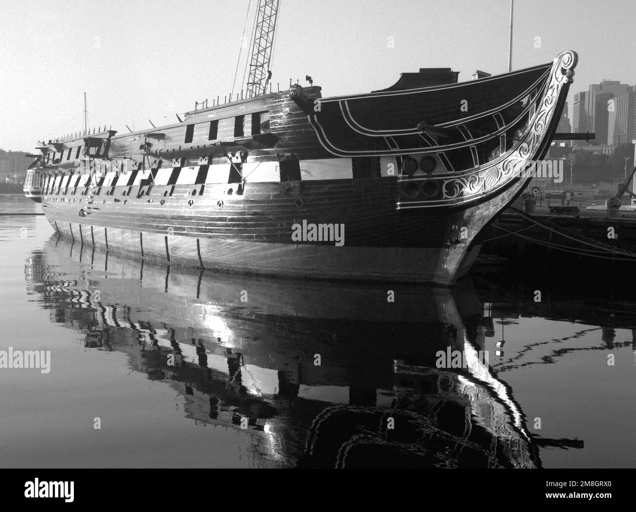 A starboard bow view of the 44-gun sail frigate USS CONSTITUTION moored ...
