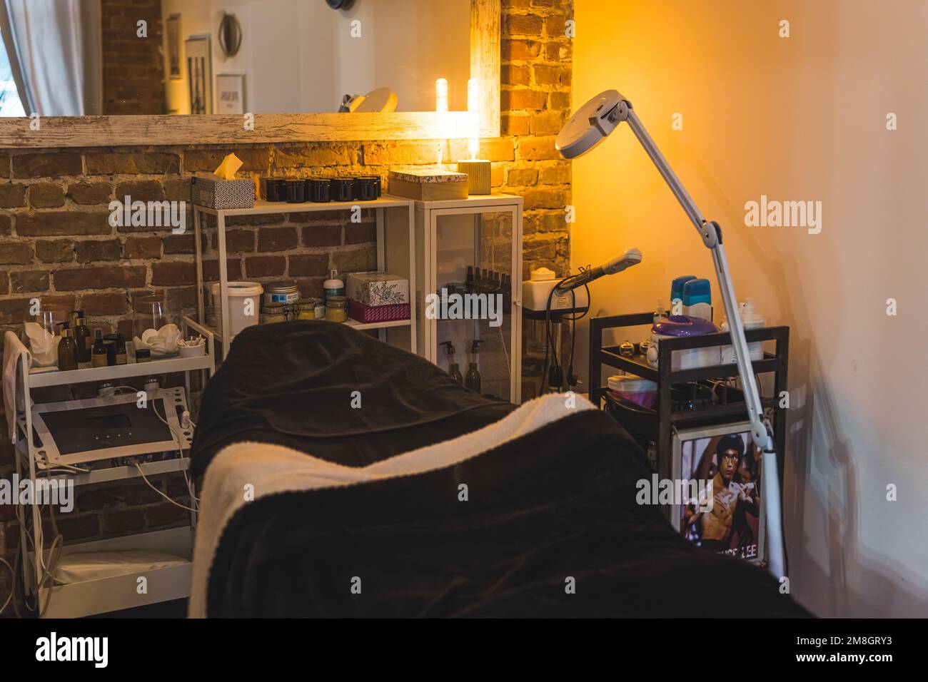 View of a table with towels for beauty procedures at the salon, self ...