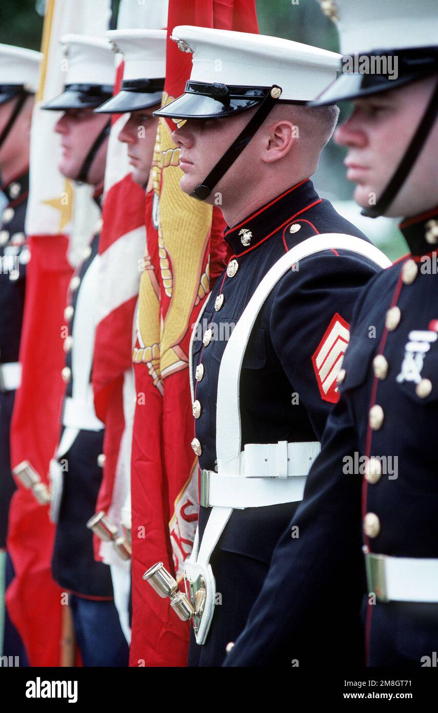 A Marine color guard stands at attention during the deactivation ...