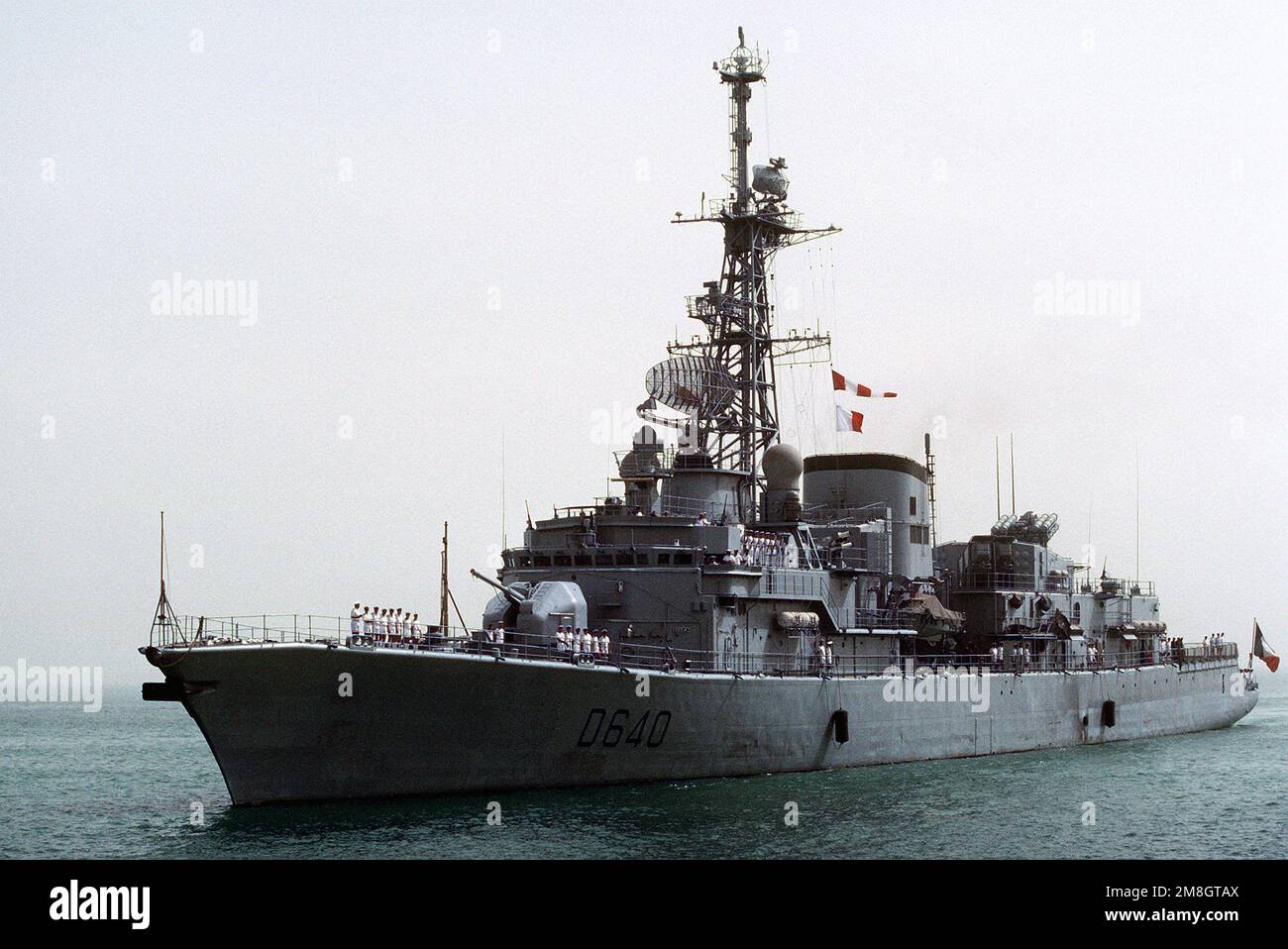 A port bow view of the French destroyer GEORGES LEYGUES (D-640) as the ...