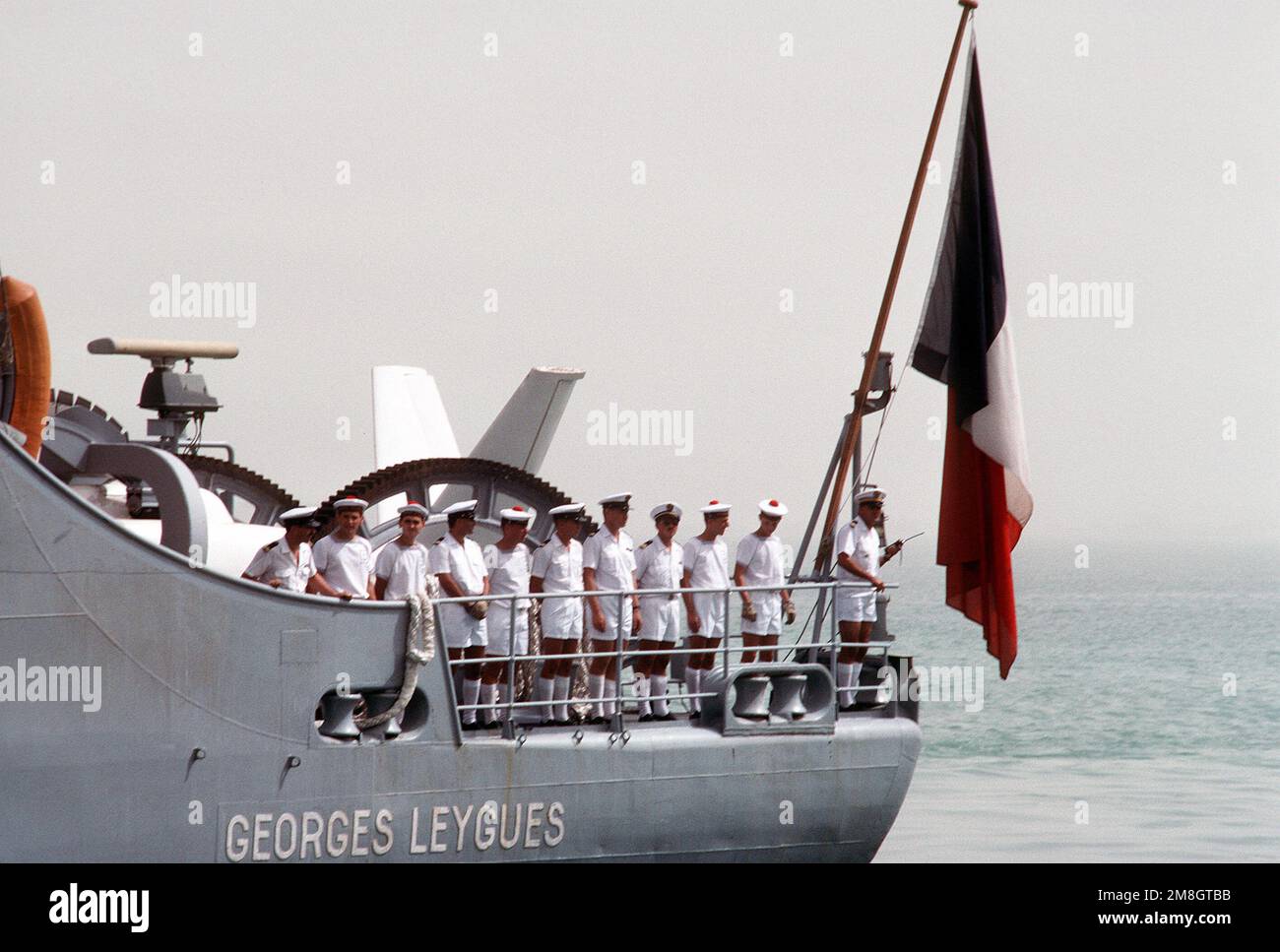 Crewmen on the stern of the French destroyer GEORGES LEYGUES (D-640 ...