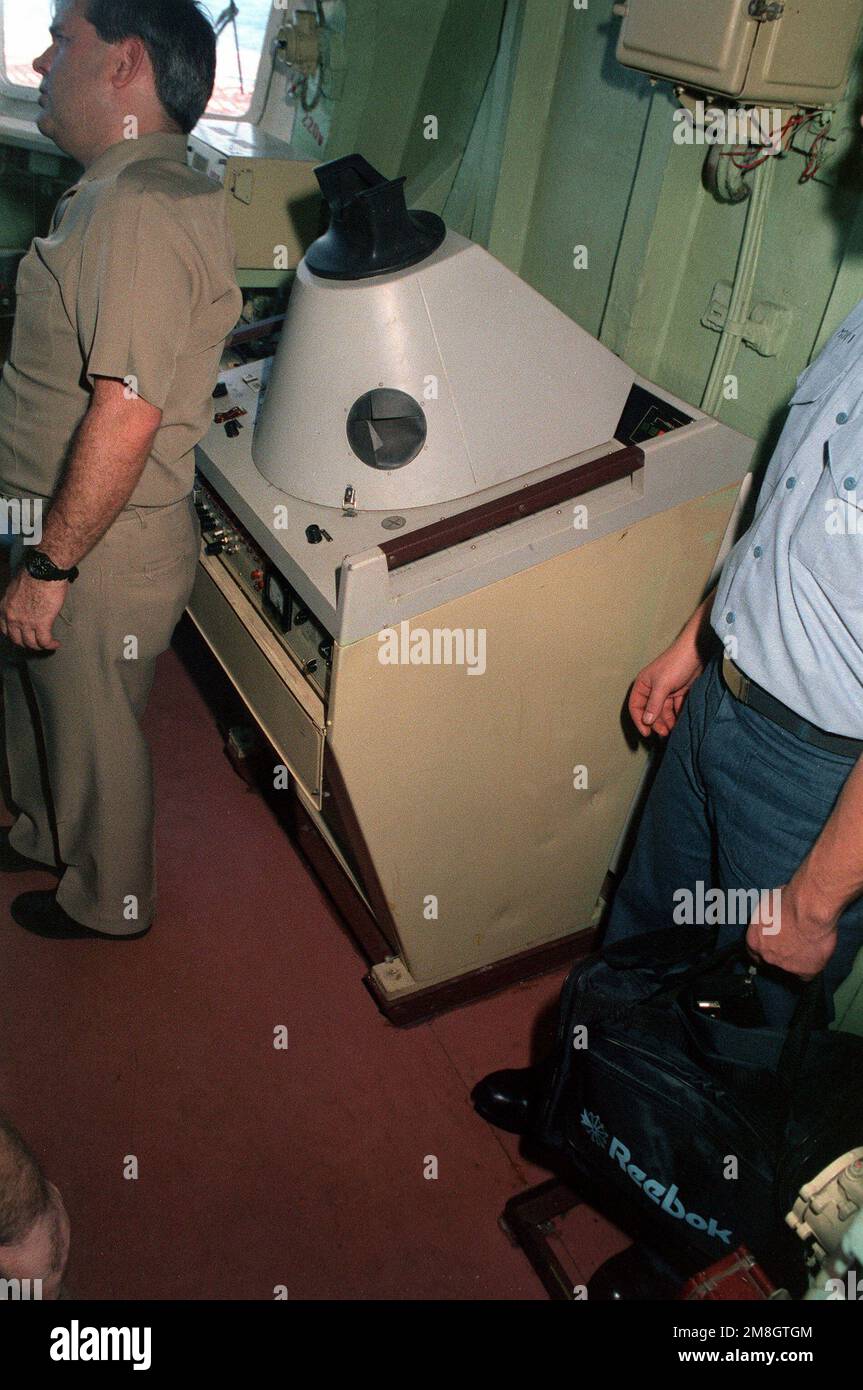 A close-up view of a radar repeater unit in the flight deck control ...