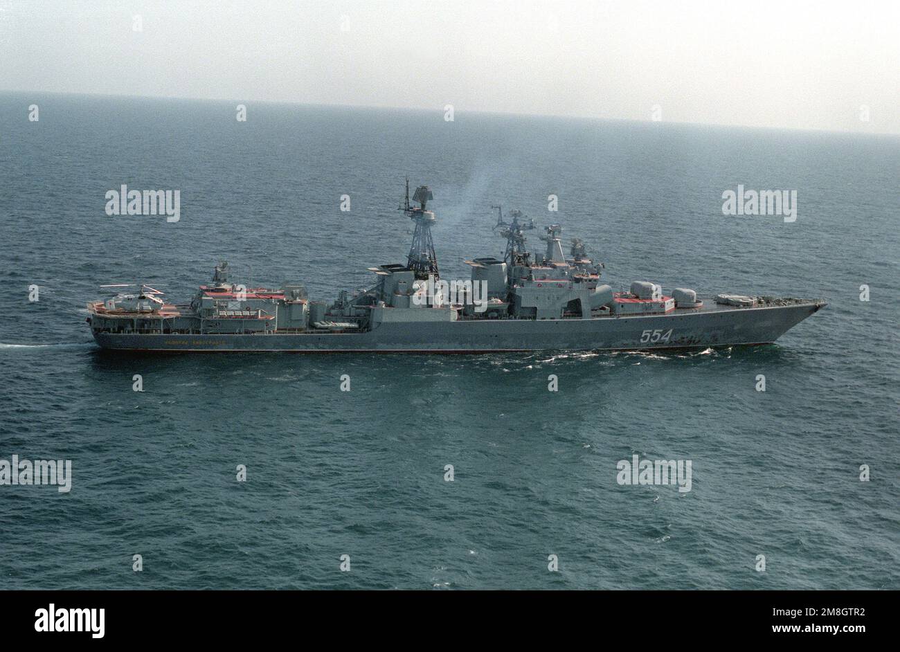A starboard beam view of the Russian guided missile destroyer ADMIRAL ...
