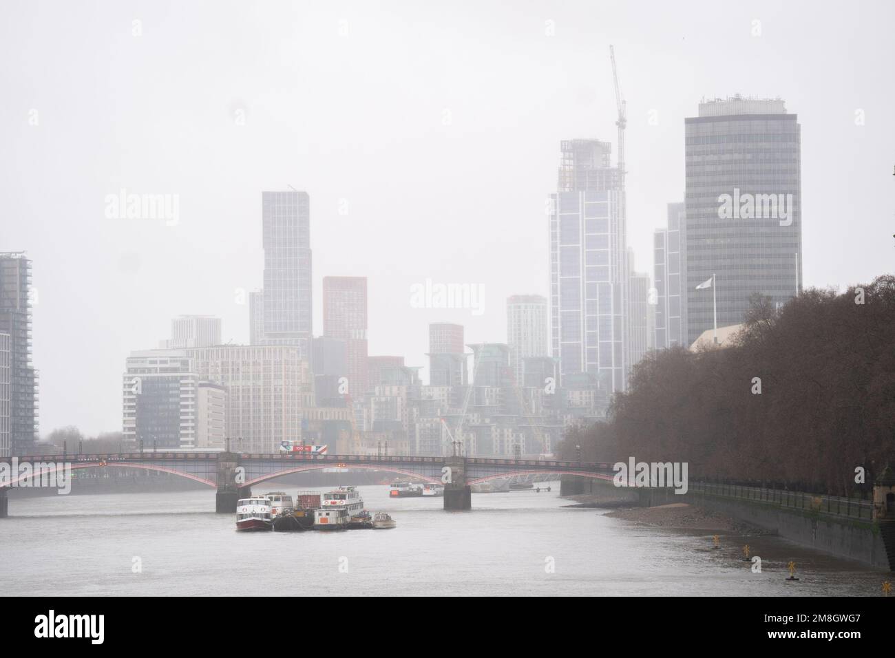A view of Nine Elms in the rain from Westminster Bridge, central London ...