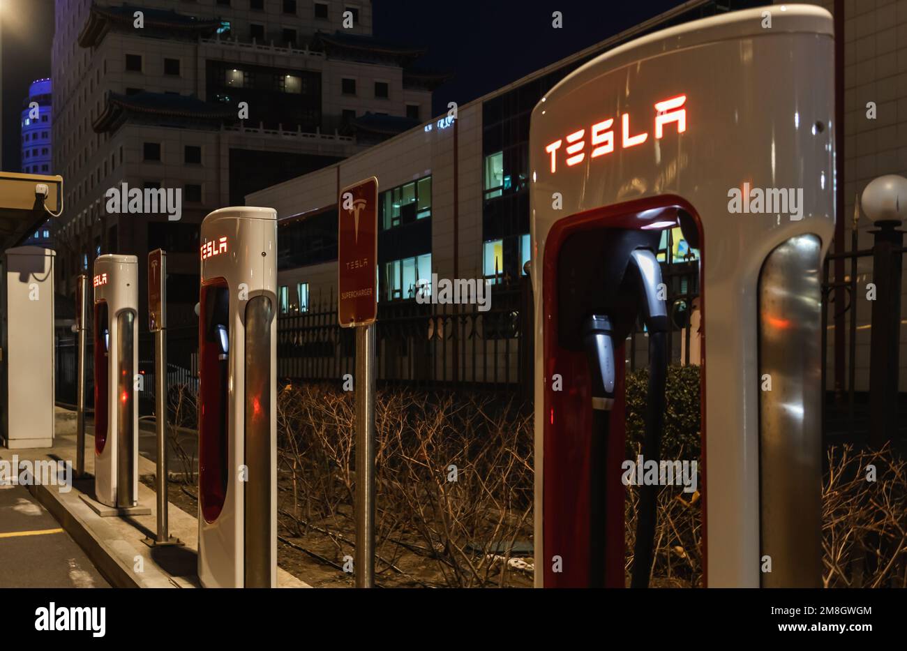 October 20, 2022 Astana, Kazakhstan: Empty Tesla electric car charging ...