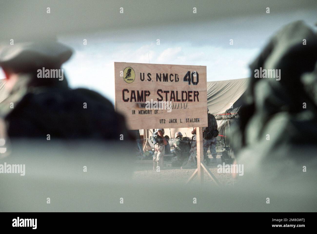 A view of the sign at the entrance to Camp Stalder, headquarters for ...