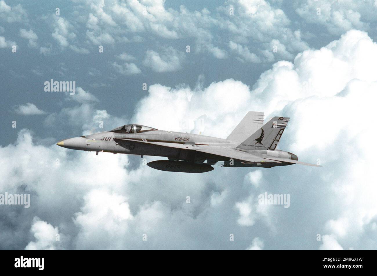 An air-to-air left side view of a Strike Fighter Squadron 136 (VFA-136 ...