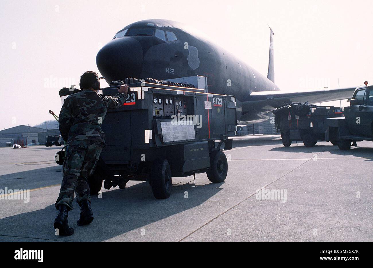 A KC-135 Stratotanker aircraft from the 310th Air Refueling Squadron is ...