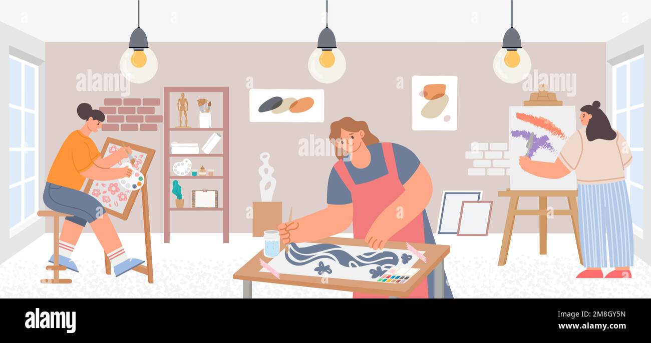 Art studio. Female characters painting picture on canvas with ...