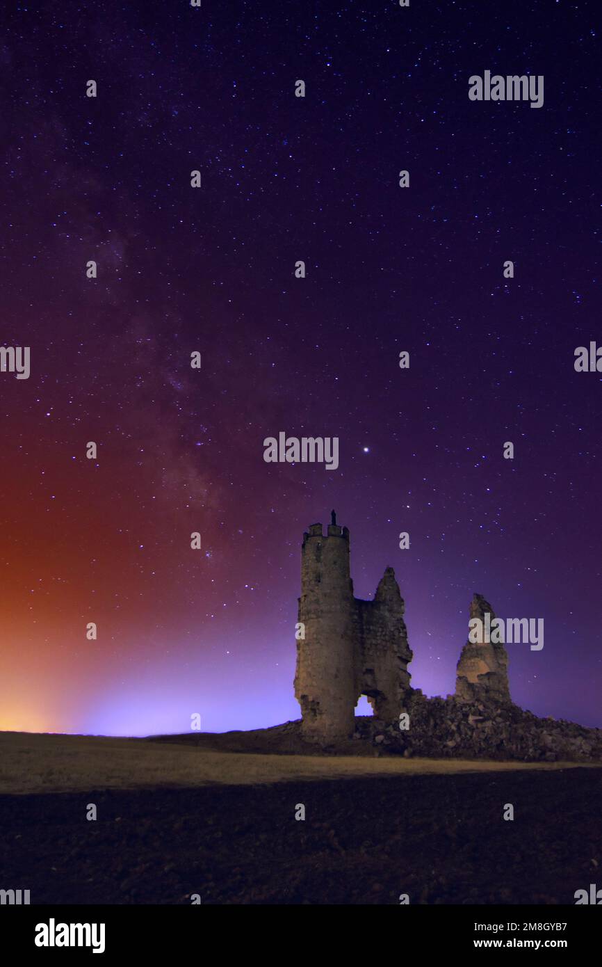 Milky Way at night landscape in Caudilla Castle. Toledo, Castilla La ...
