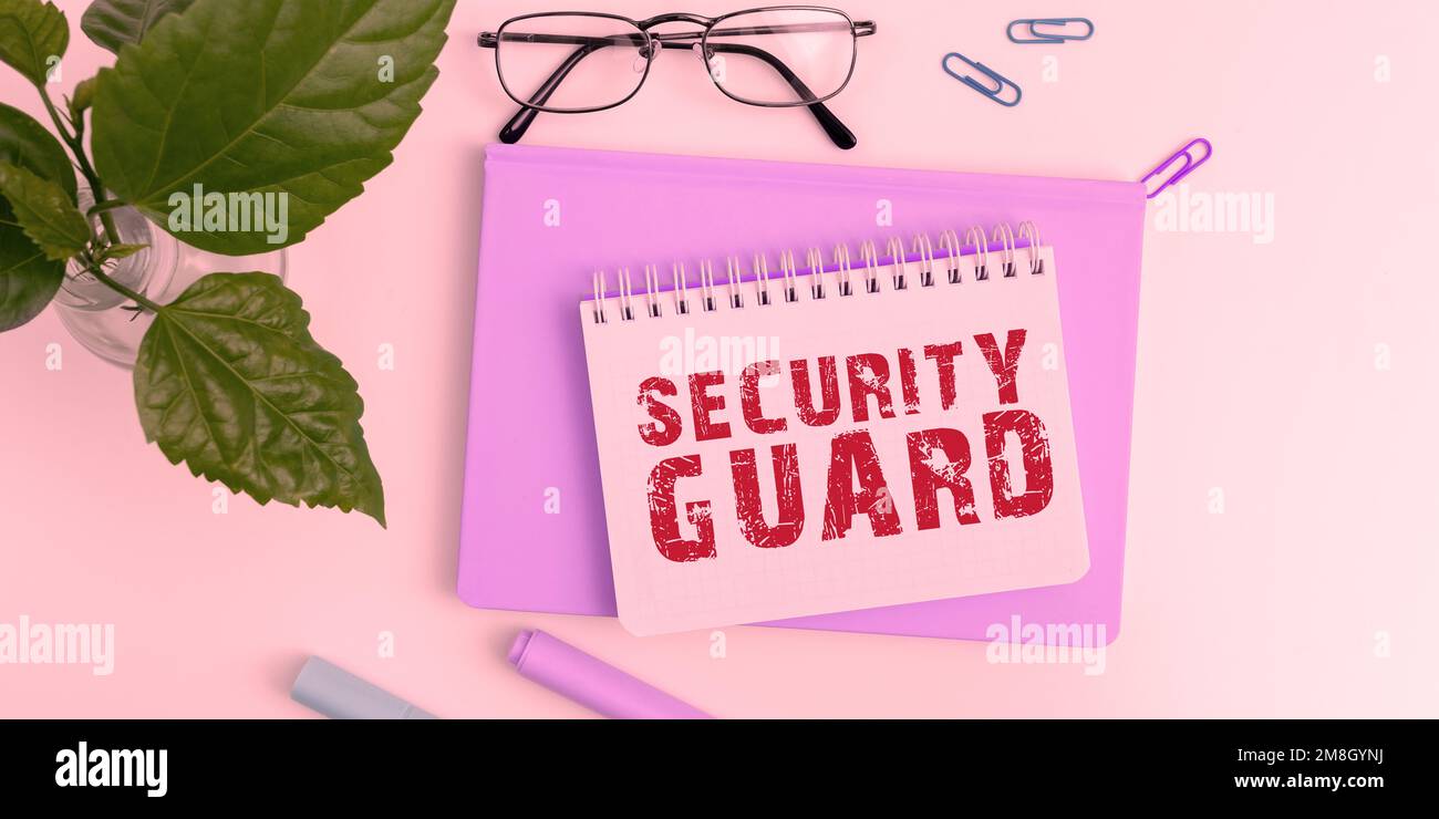 Hand writing sign Security Guard. Concept meaning tools used to manage ...