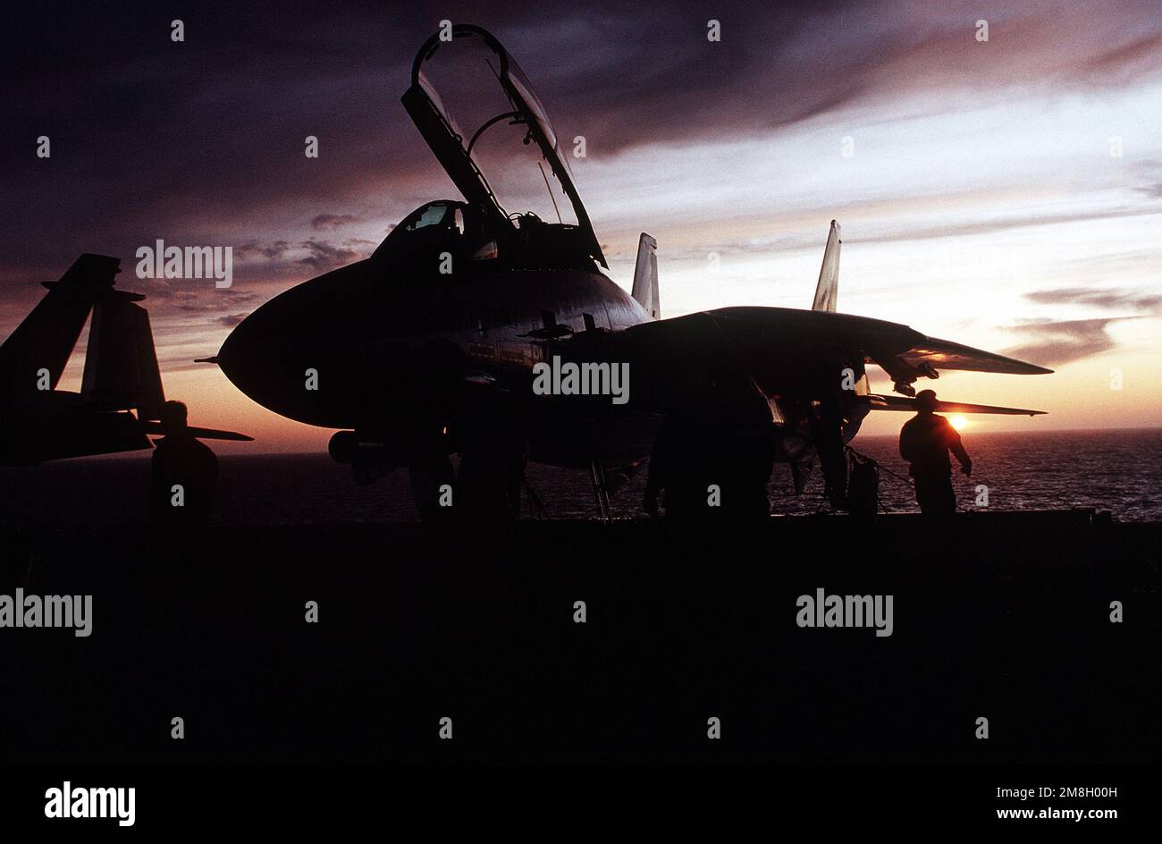 A Fighter Squadron 124 (VF-124) F-14 Tomcat aircraft is silhouetted by ...